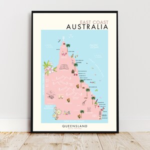 Queensland Map, Australia Poster, Illustrated Landmark Map, East Coast ...