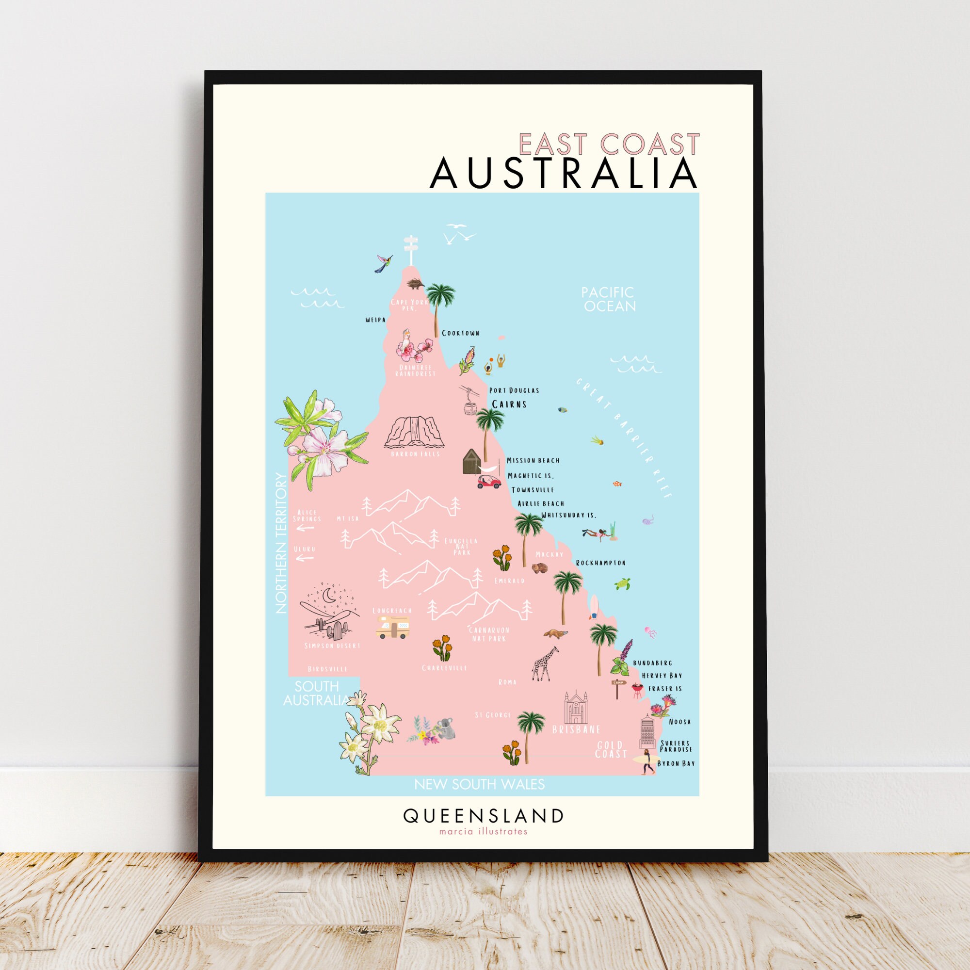 Queensland Map, Australia Poster, Illustrated Landmark Map, East Coast ...