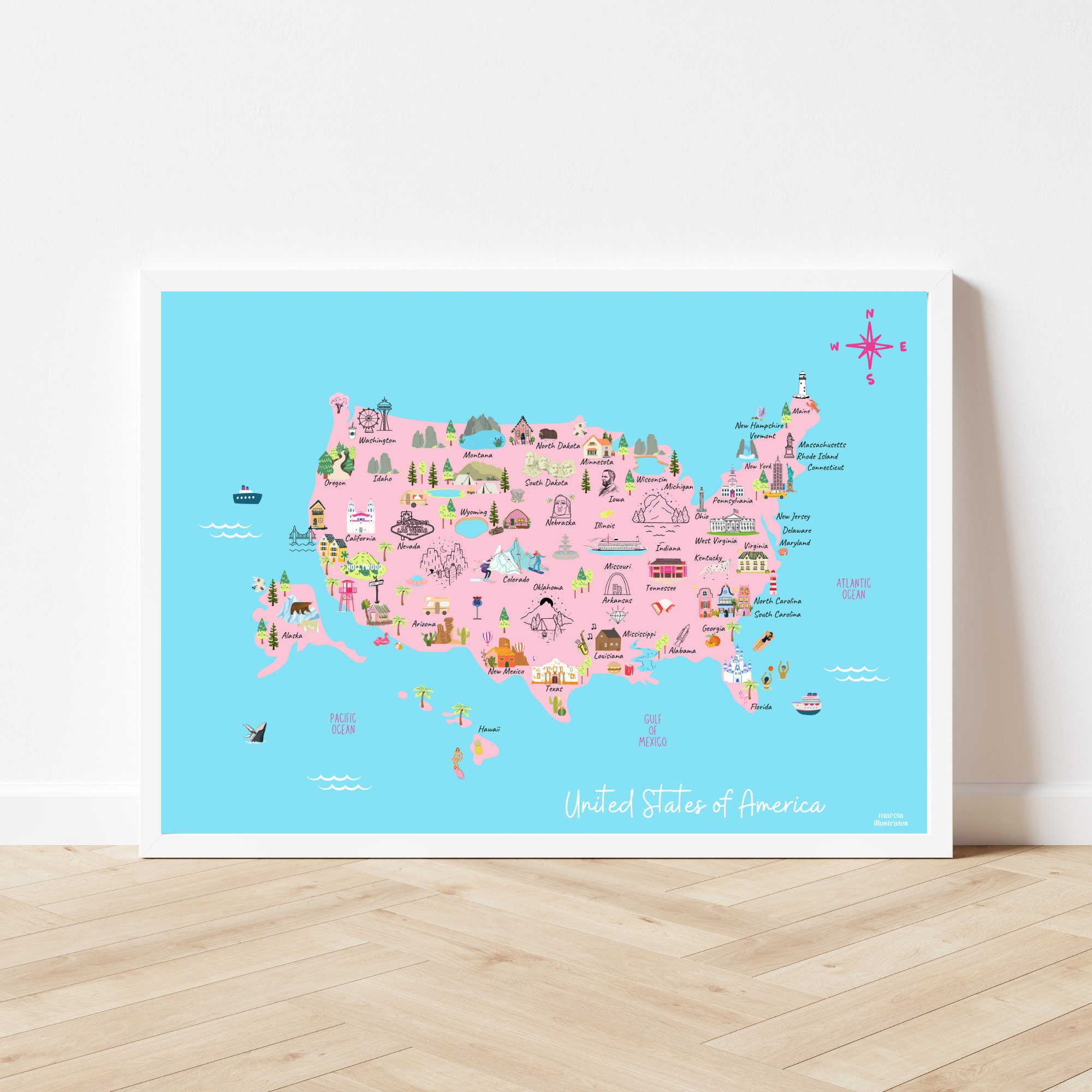 USA Landmark Map, America Landmark Map, USA Wall Art, USA Travel Poster ...