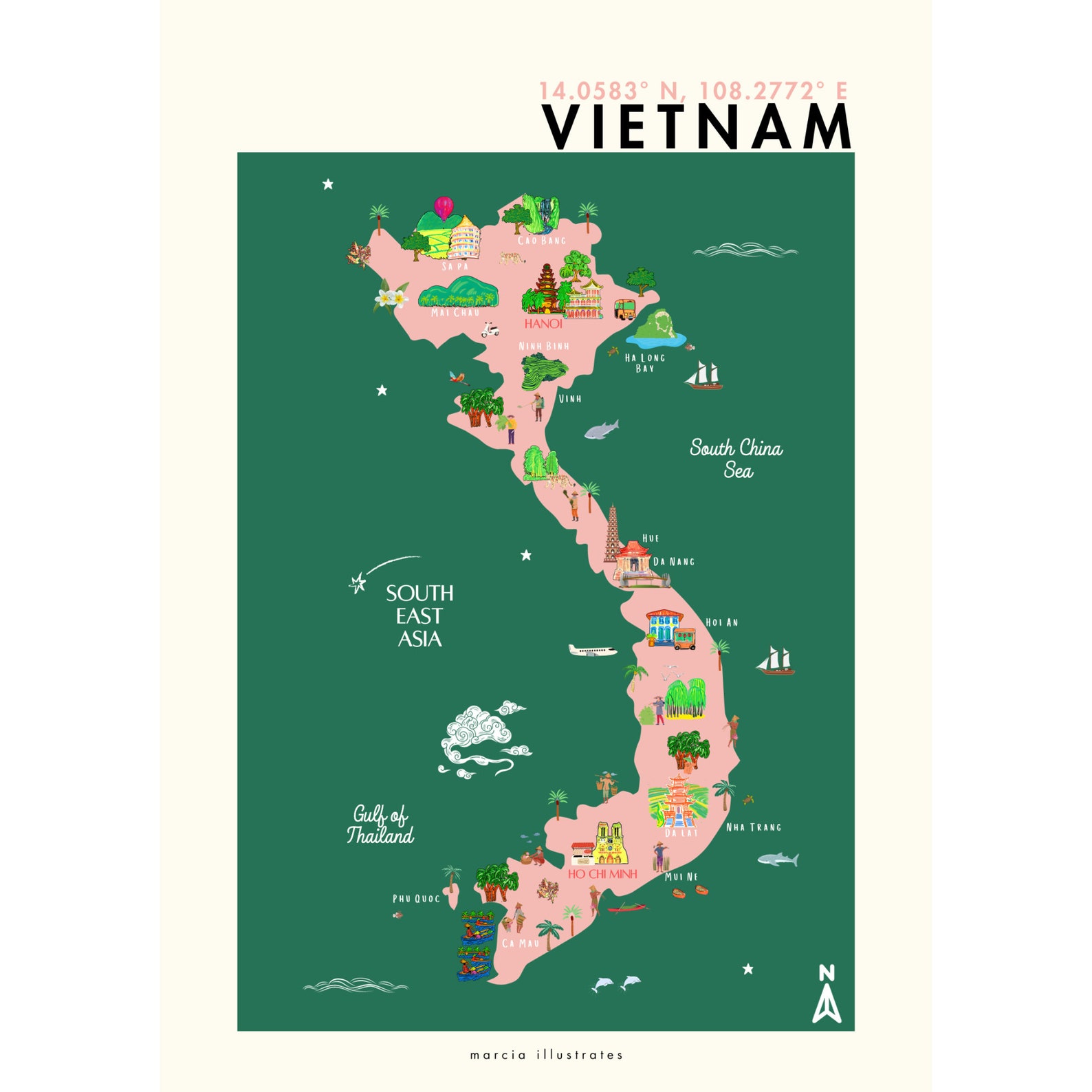 Vietnam Illustrated Map, A4 Vietnam Map, Vietnam Print, Pictorial Map ...