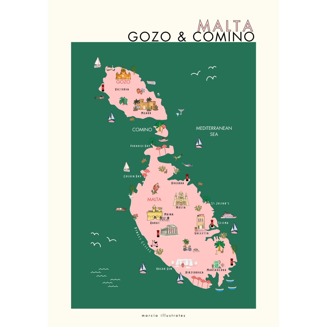 Malta Illustrated Map, A4 Malta Map, Malta Print, Pictorial Map of ...