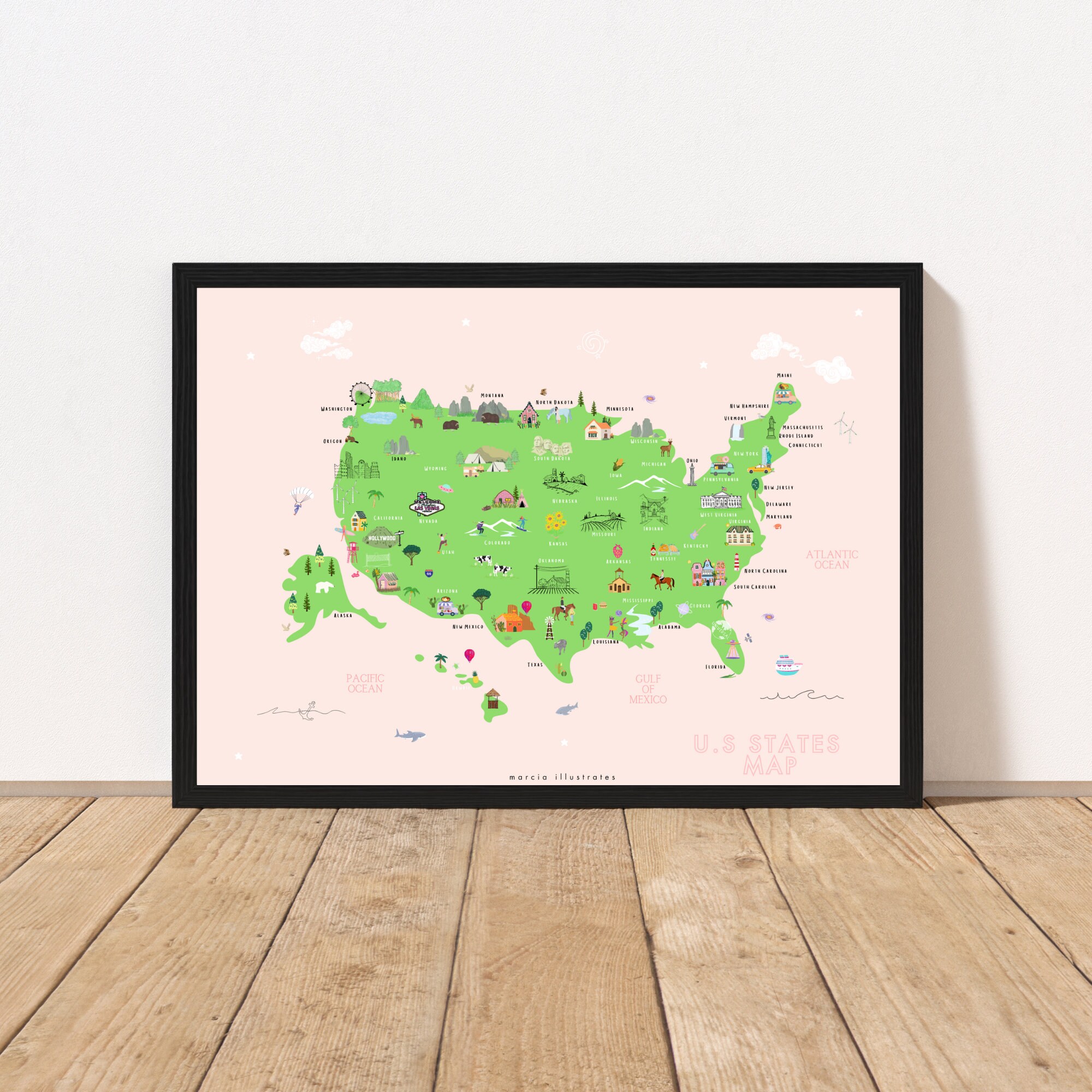 US Illustrated Map, A4 Us Map, Usa Print, Pictorial Map of Usa, US ...
