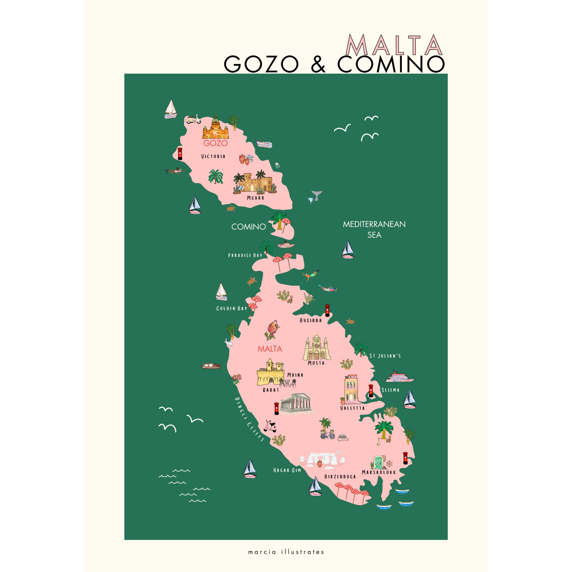 Malta Illustrated Map, A4 Malta Map, Malta Print, Pictorial Map of ...