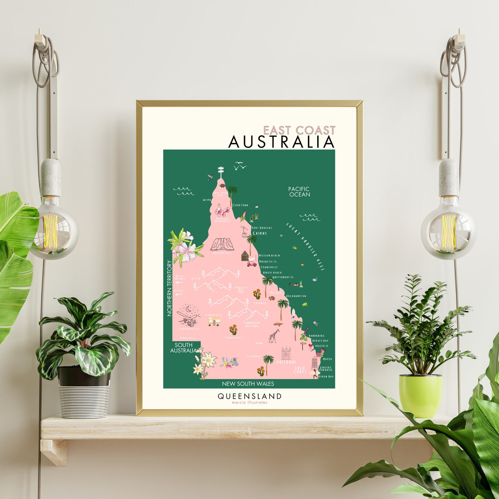Queensland Map, Australia Poster, Illustrated Landmark Map, East Coast ...