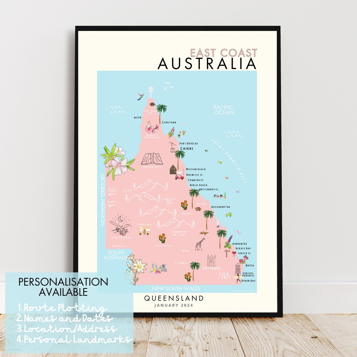 Queensland Map, Australia Poster, Illustrated Landmark Map, East Coast ...