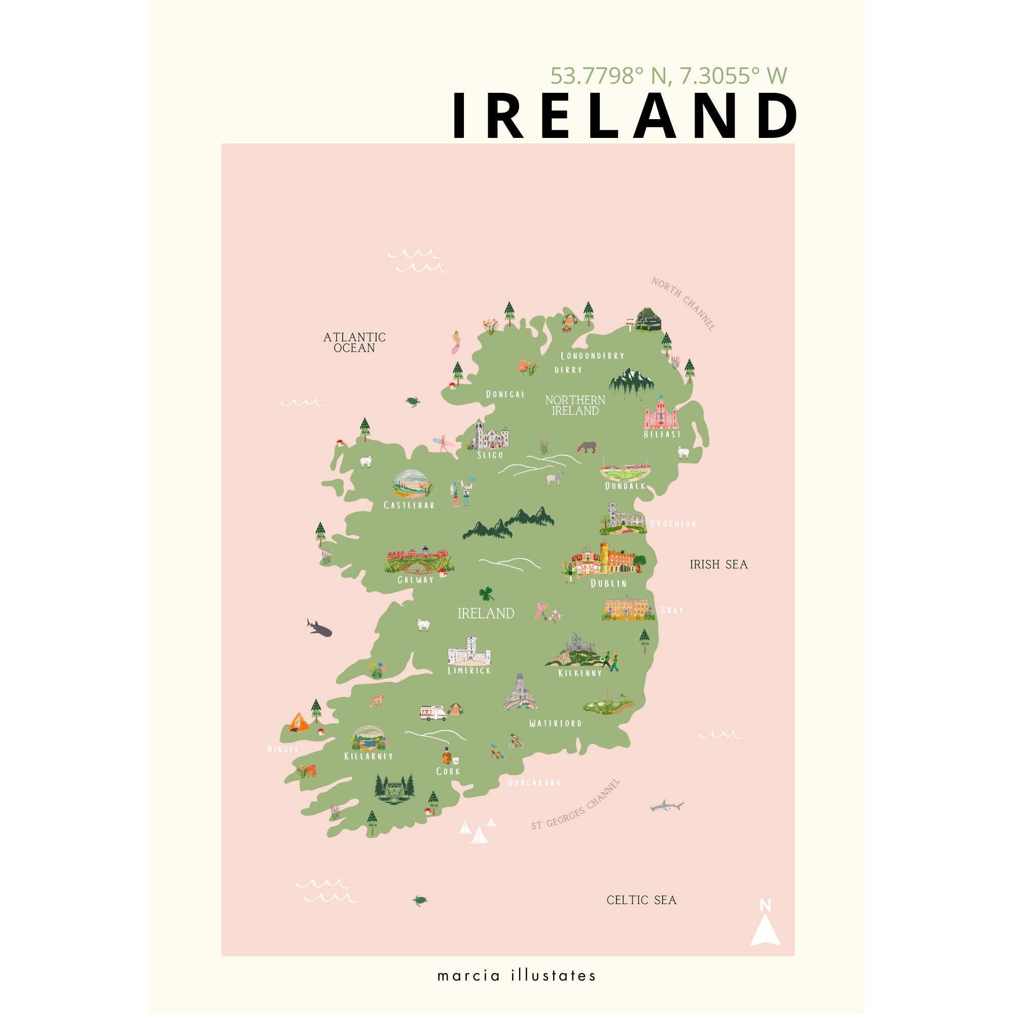 Ireland Illustrated Map, A4 Ireland Map, Ireland Print, Pictorial Map of Ireland, Ireland Travel ...