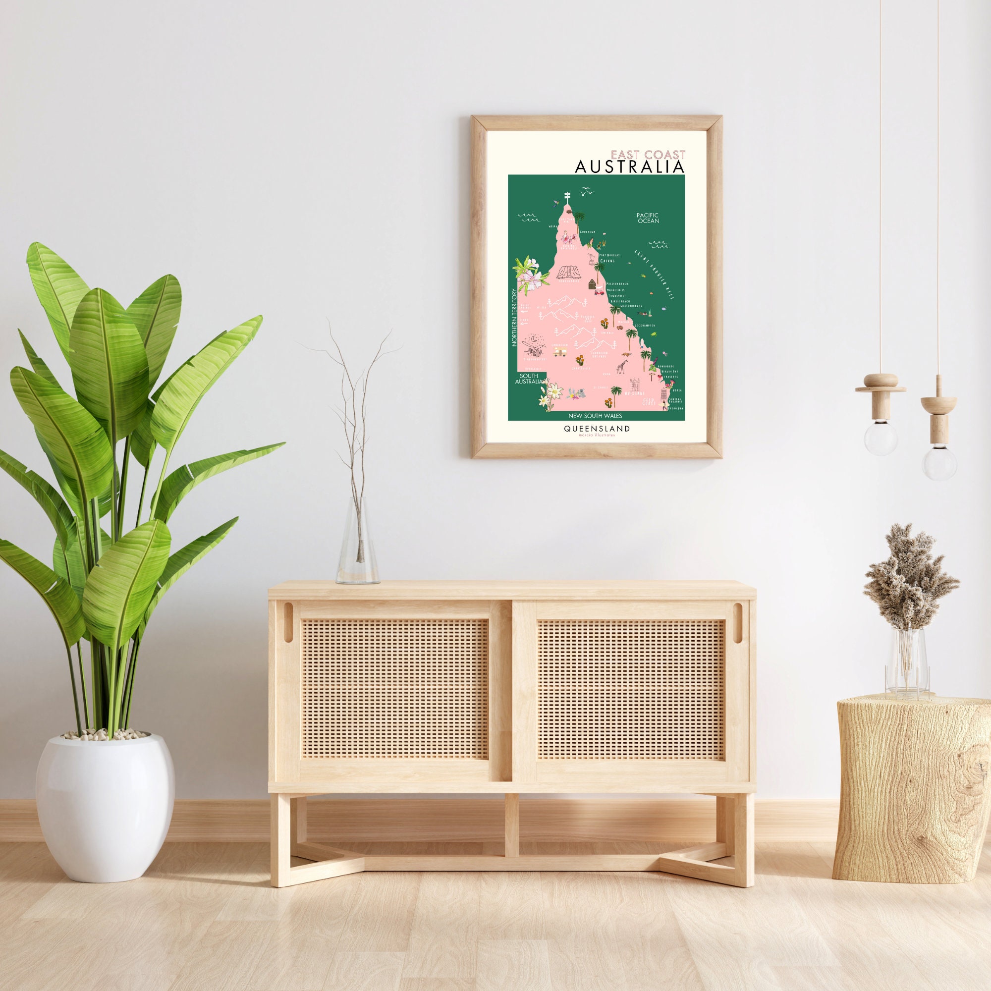 Queensland Map, Australia Poster, Illustrated Landmark Map, East Coast ...