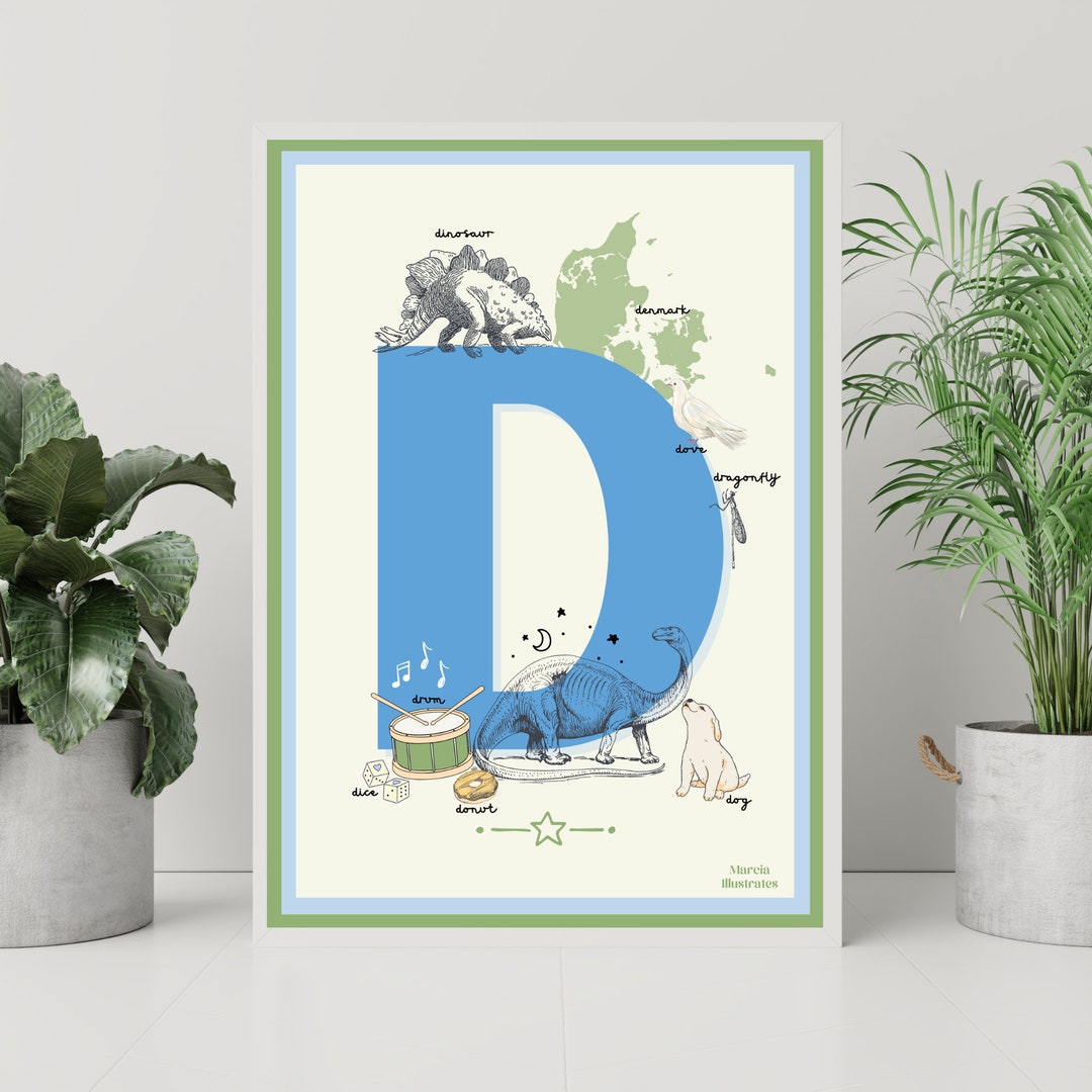 Letter D Illustrated Alphabet Print Eclectic Nursery Art - Etsy