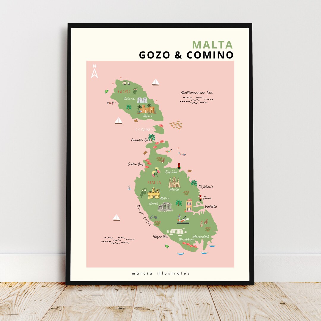 Malta Illustrated Map A4 Malta Map Malta Print Pictorial - Etsy