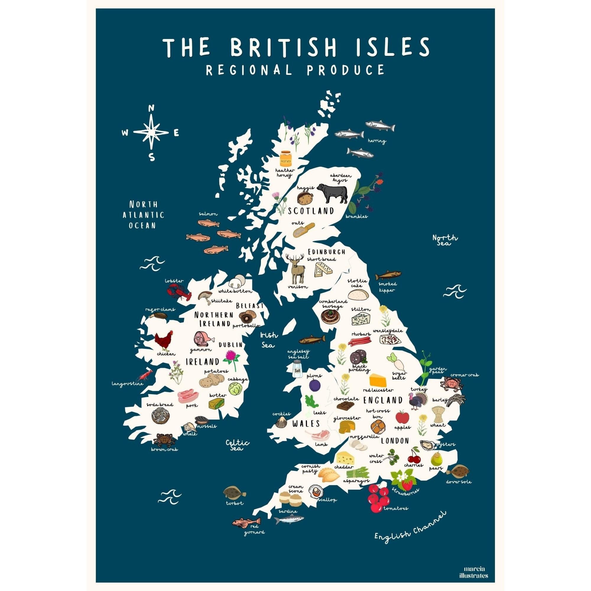 The British Isles Map, UK Food Map, UK Food Produce Map, UK Illustrated ...