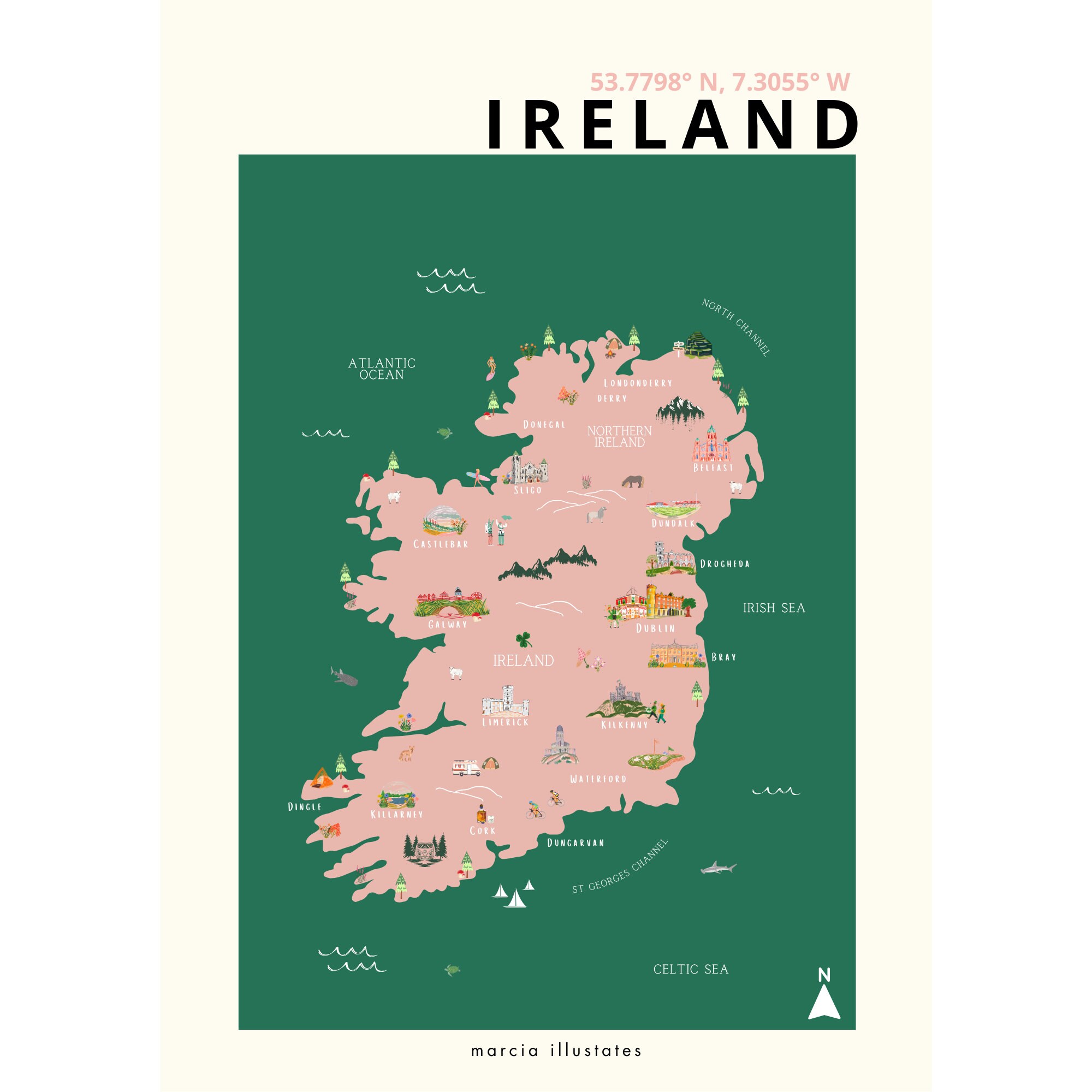 Ireland Illustrated Map A4 Ireland Map Ireland Print - Etsy Ireland