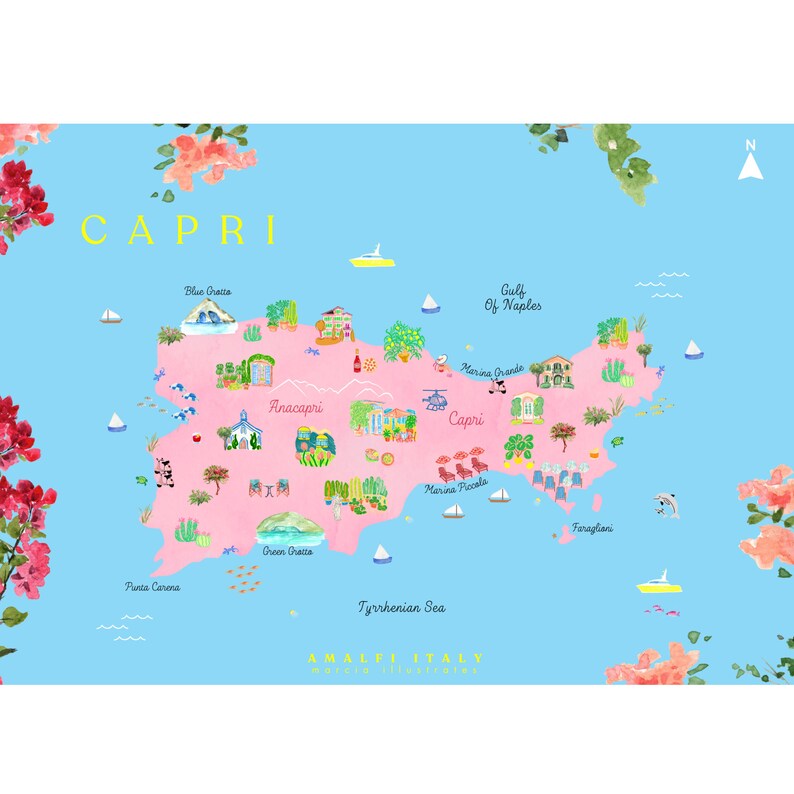 Capri Illustrated Map, Capri Map, Capri Italy Map, Capri Amalfi ...