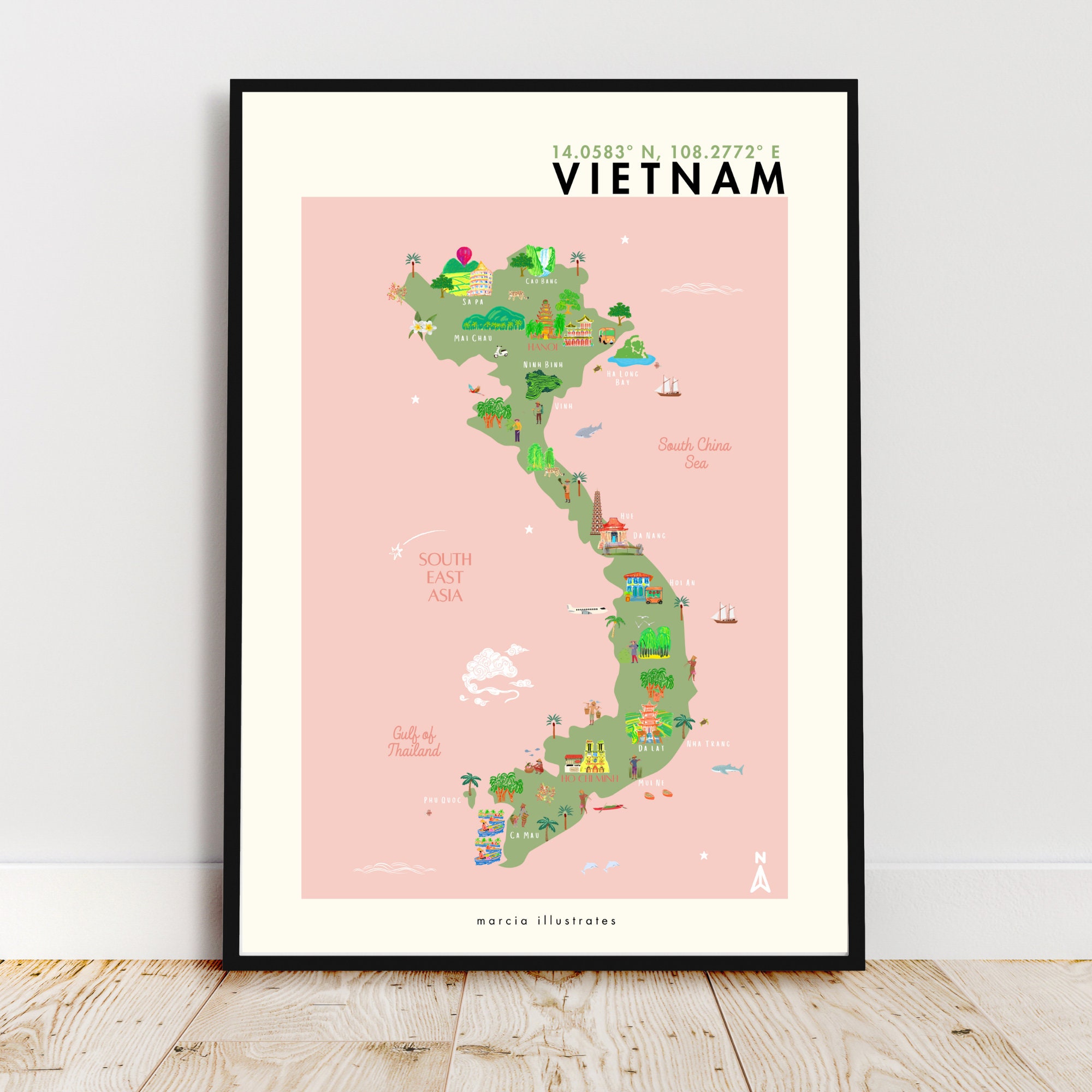 Vietnam Illustrated Map, A4 Vietnam Map, Vietnam Print, Pictorial Map of Vietnam, Vietnam Travel ...