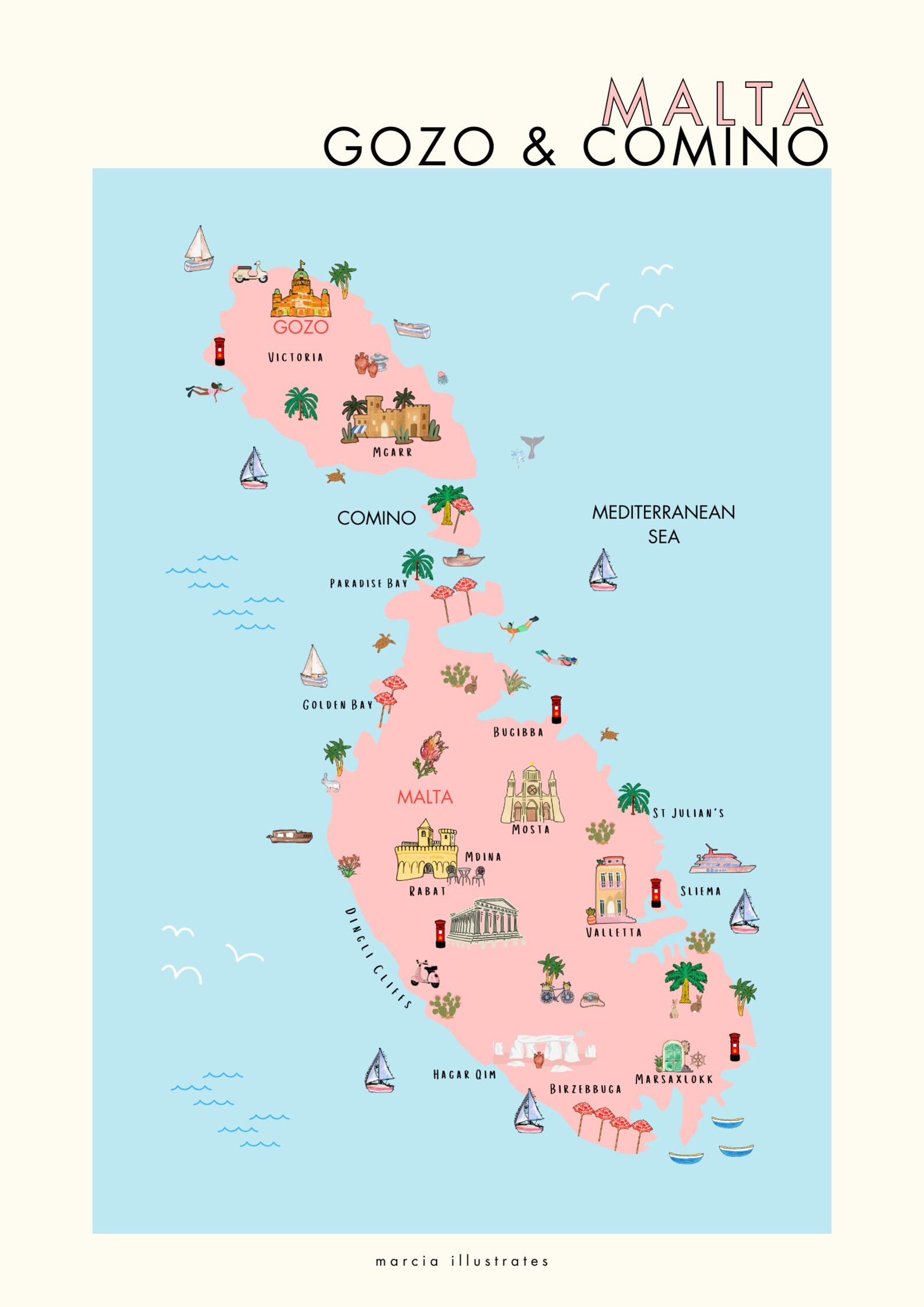 Malta Illustrated Map, A4 Malta Map, Malta Print, Pictorial Map of ...