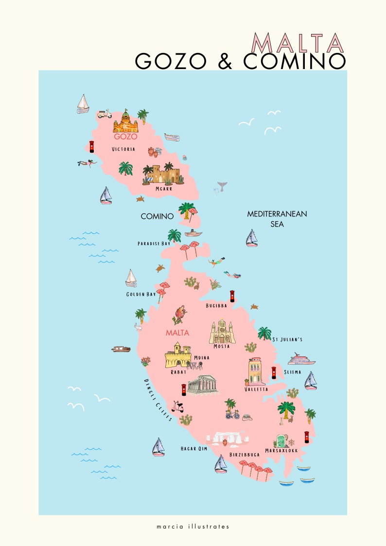 Malta Illustrated Map, A4 Malta Map, Malta Print, Pictorial Map of ...