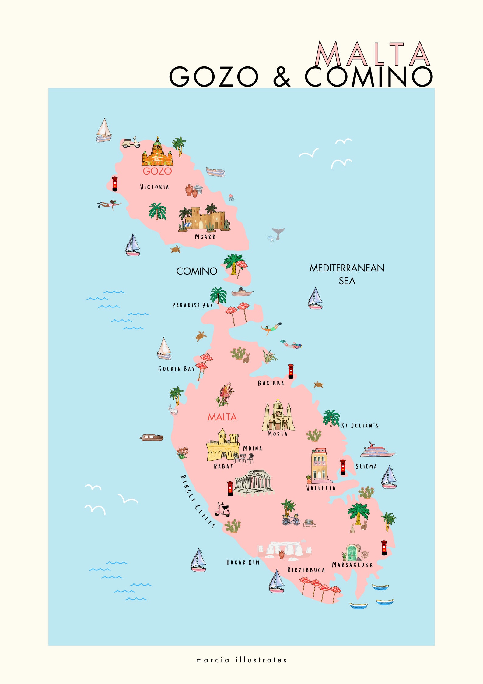 Malta Illustrated Map, A4 Malta Map, Malta Print, Pictorial Map of ...