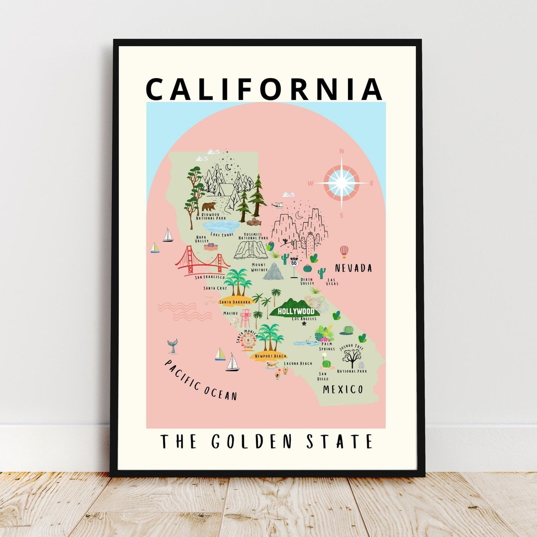 California Map, Pink California Poster, Illustrated Landmark Map, Pink ...