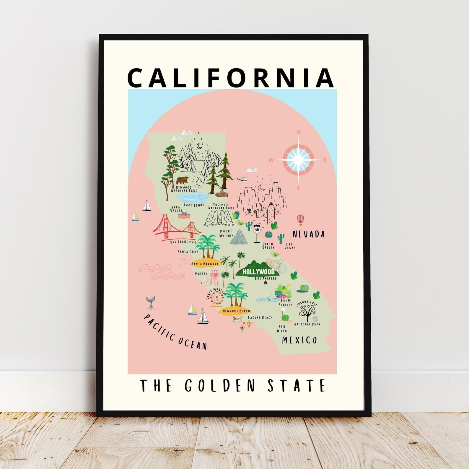California Map, Pink California Poster, Illustrated Landmark Map, Pink ...