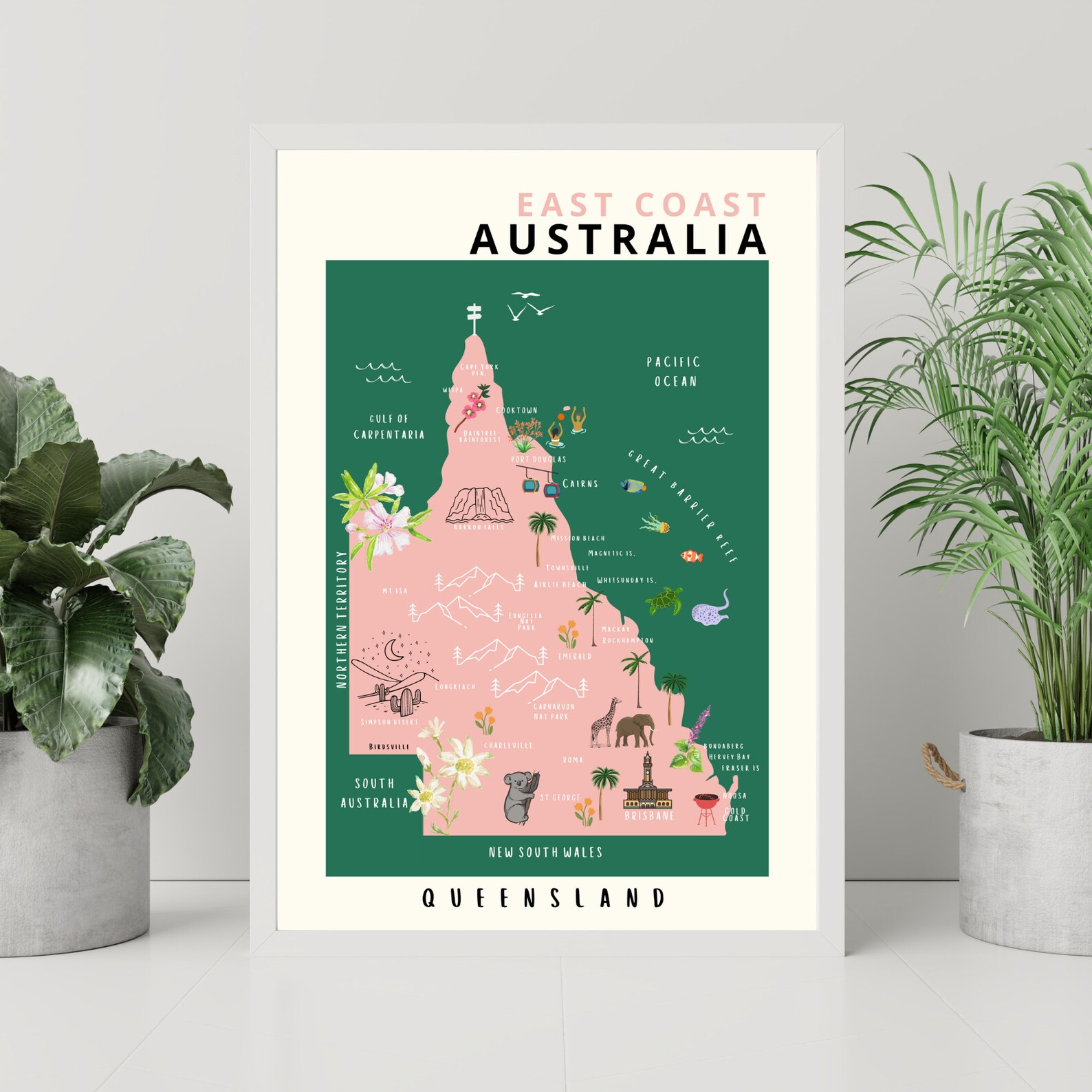 Queensland Map Australia Poster Illustrated Landmark Map - Etsy