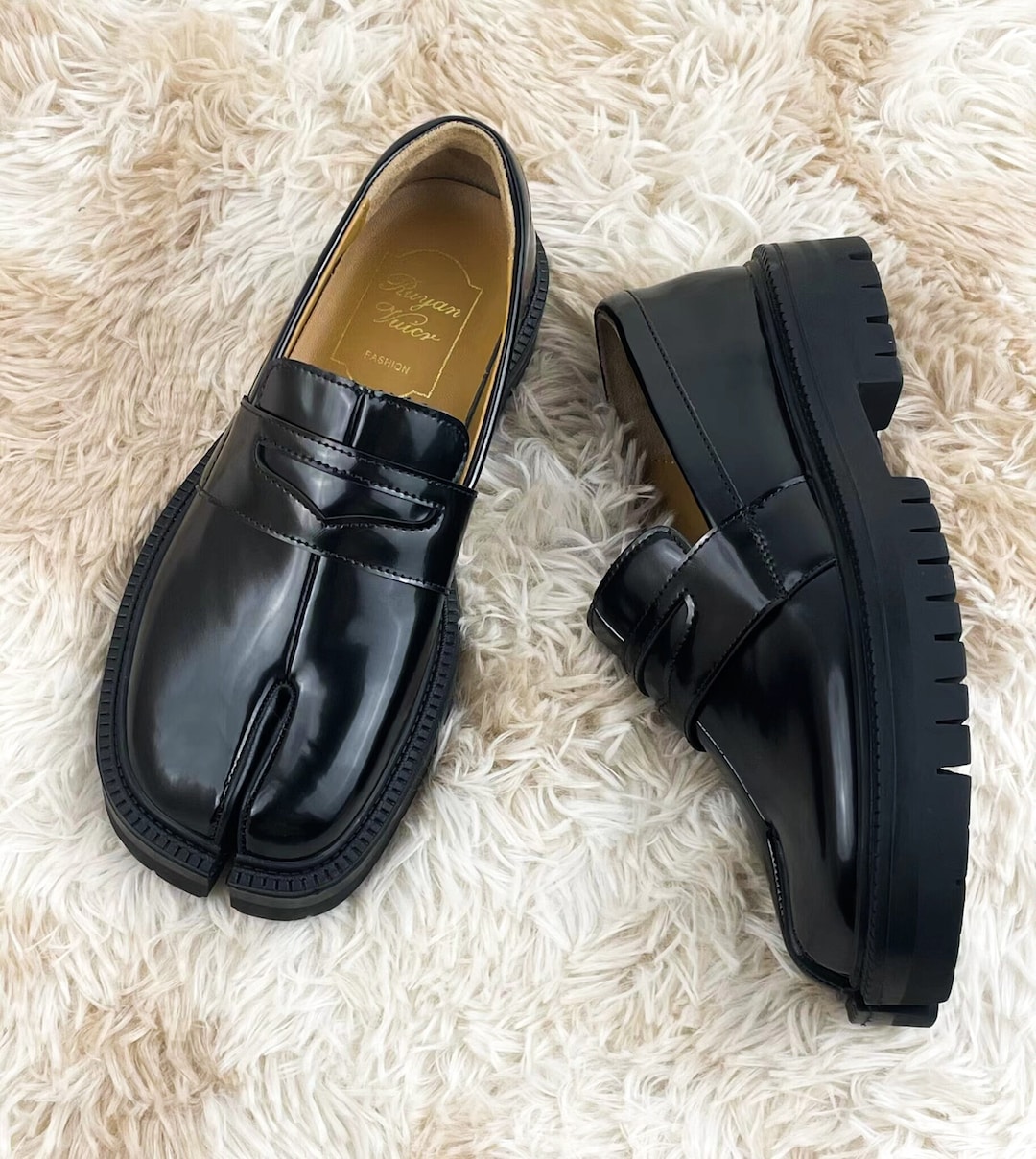 Bright Black Tabi Split-toe Slip on Shoes, Tabi Split-toe Shoes ...