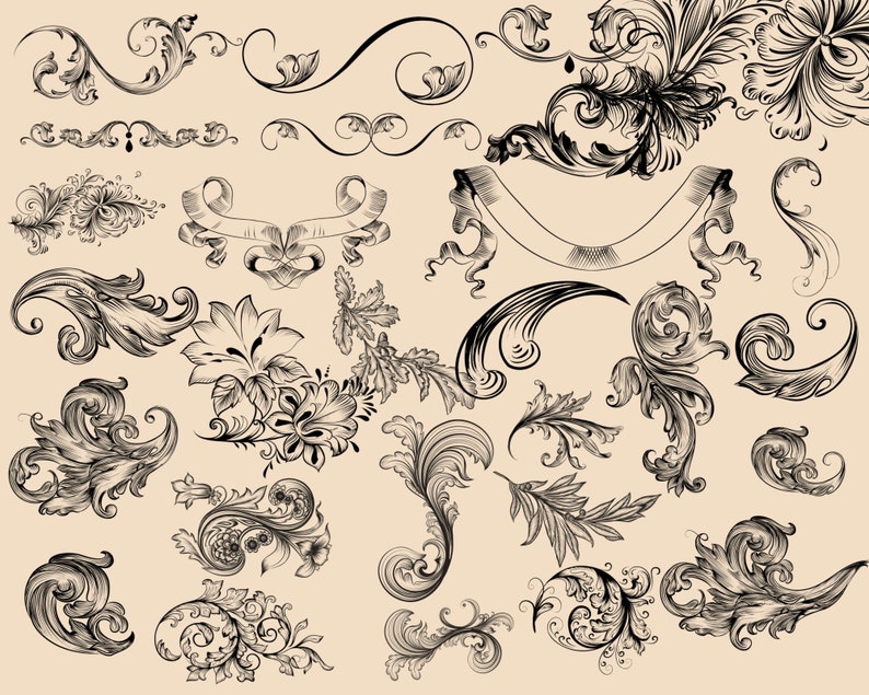 170 Procreate Filigree Ornament Tattoo Brushes, Acanthus Baroque Ornament Procreate Stamp ...