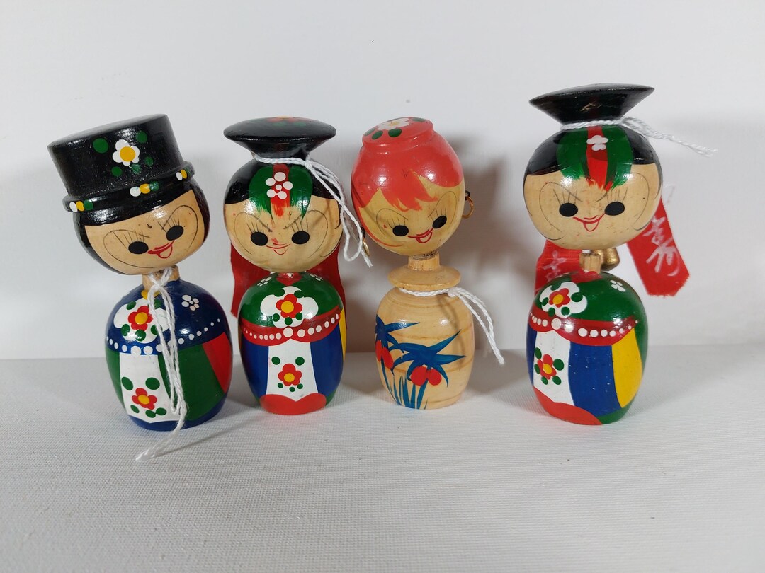 Vintage Wooden Buble Head Korean Figures Set of 4 - Marked - Handmade ...
