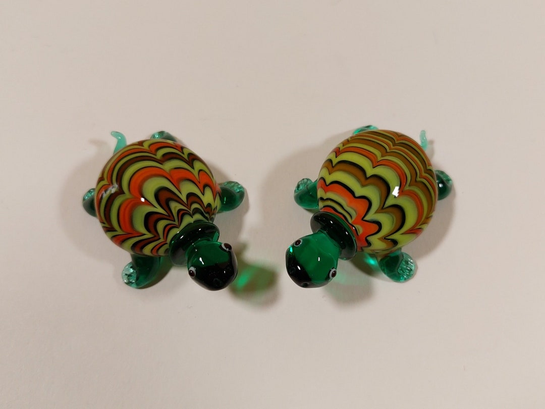 Glass Turtles Set of 2 - Art Glass - Handmade - Green With Orange ...