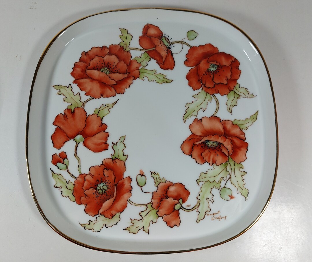 Hand Painted Porcelain Tray - Signed and Dated - Red Poppies - One of a ...