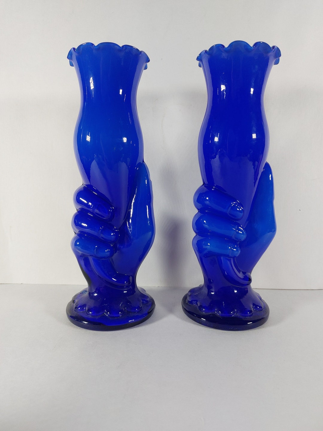 Vintage Figural Hand Holding Vase - Cobalt Blue Cased Glass Ruffled Rim - Victorian Style - 2 ...