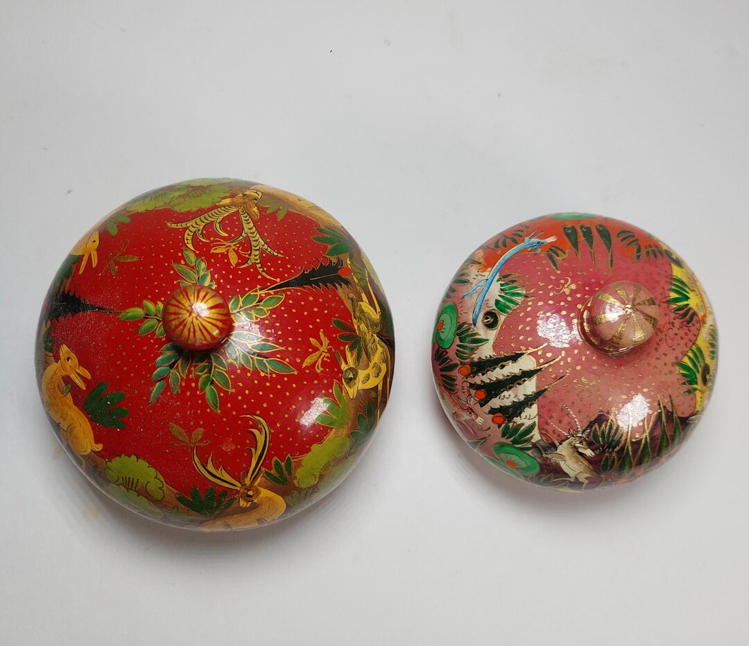 Set of 2 Vintage Kashmir Lacquer Round Trinket Boxes - Multicolor With ...