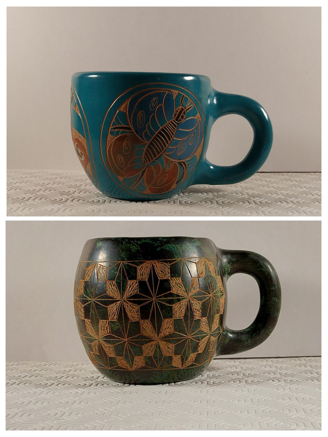Hand Carved Stoneware Mugs - 2 Options: Green Glazed With Geometric ...