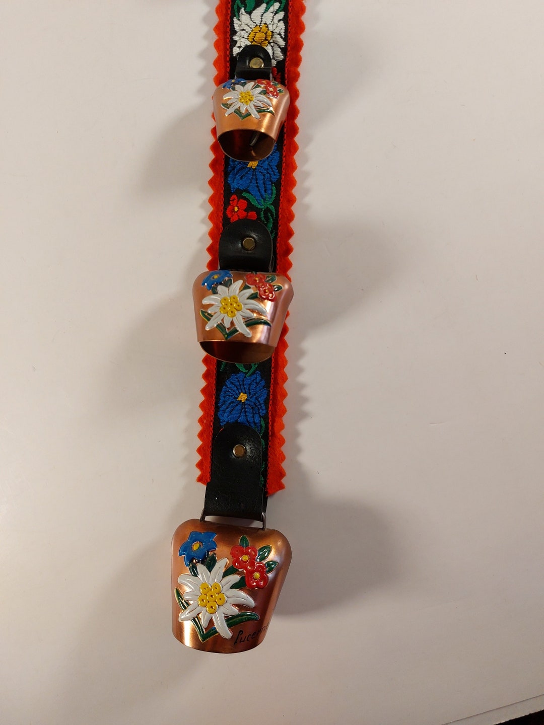 Vintage Hangable Embroidered Ribbon With 4 Cowbells - Hand Painted ...