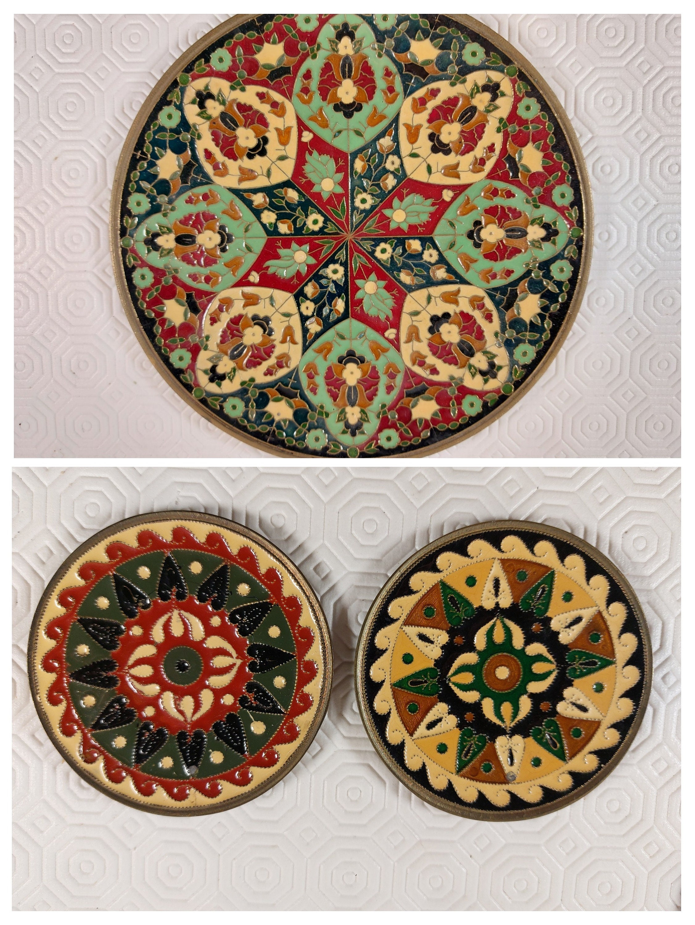 Vintage Set of 3 Bronze & Copper Plates With Enameled Geometric ...