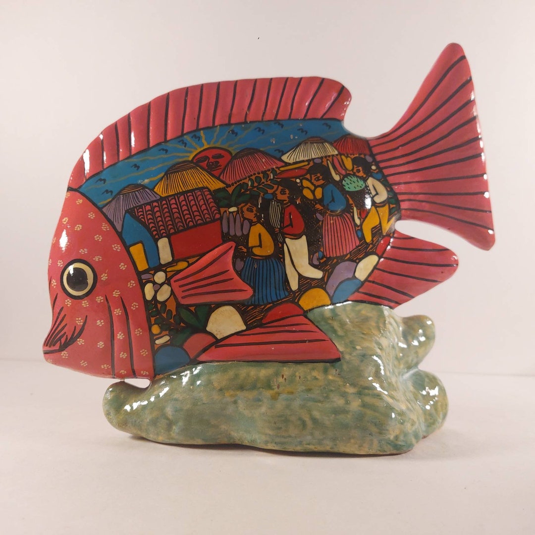 Mexican Folk Art Fish Sculpture/ Figurine on a Pedestal - Terracotta ...