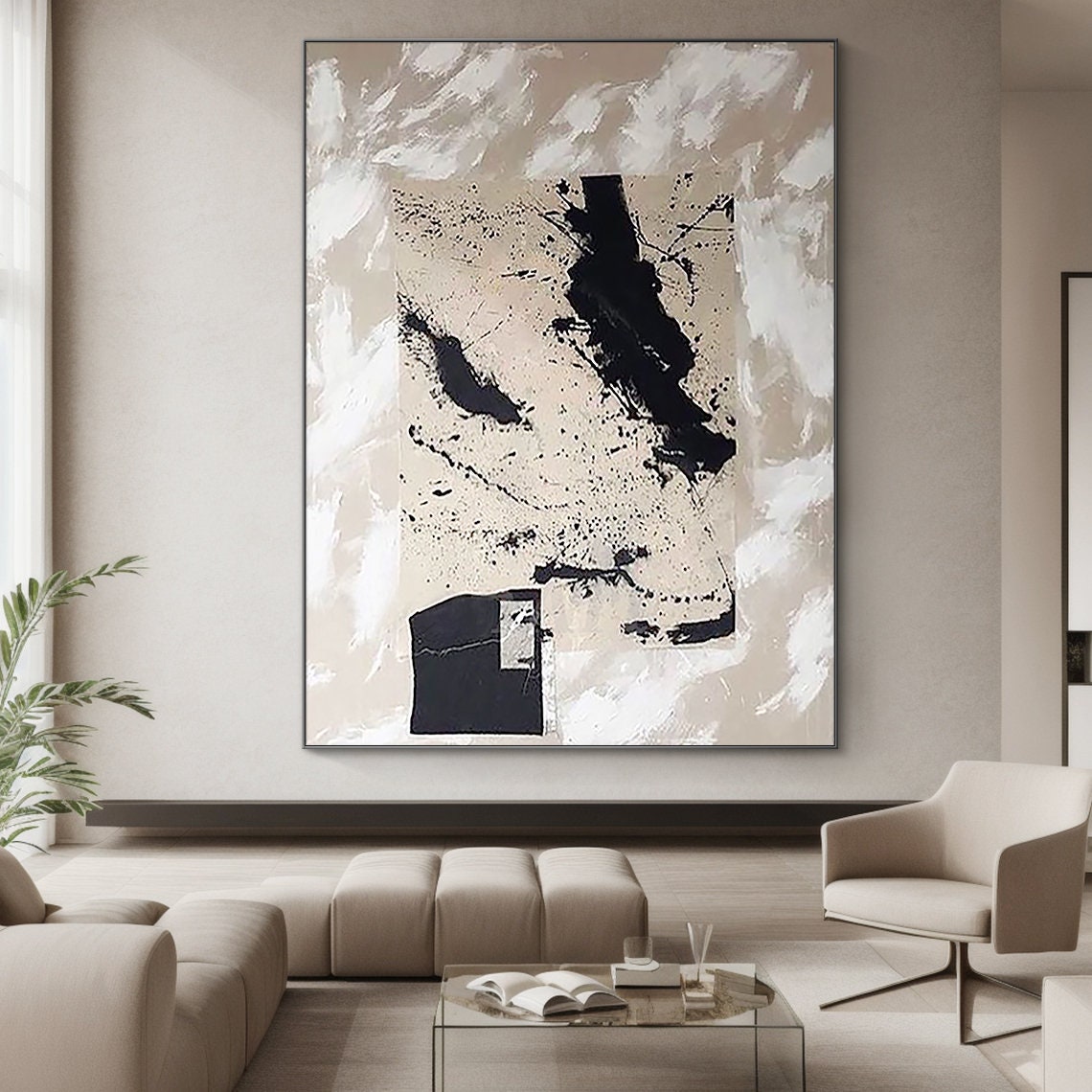 Large Beige Abstract Canvas Painting,beige Black Textured Canvas ...