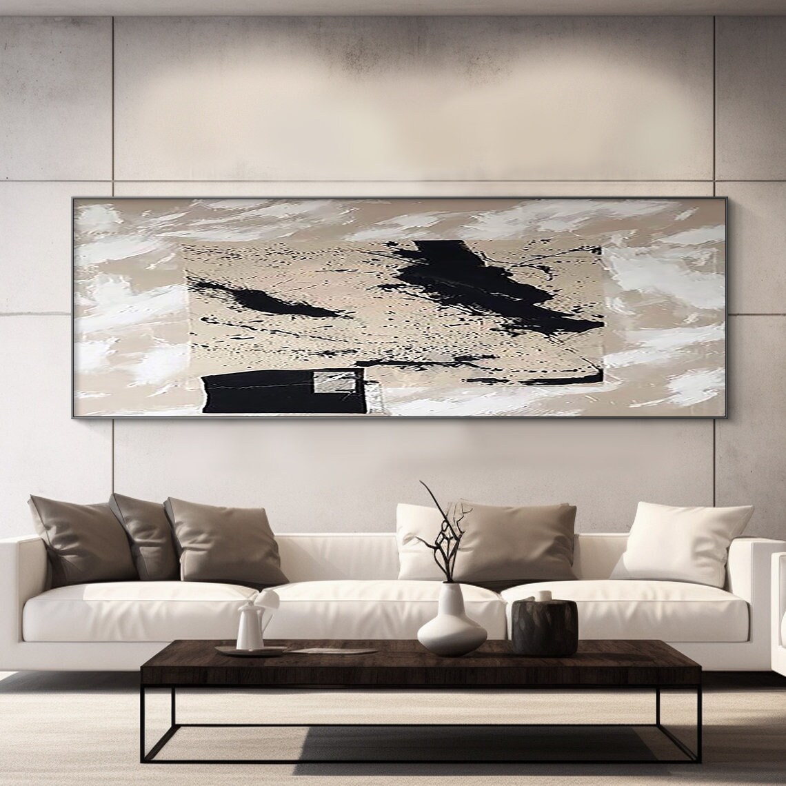 Large Beige Abstract Canvas Painting,beige Black Textured Canvas ...