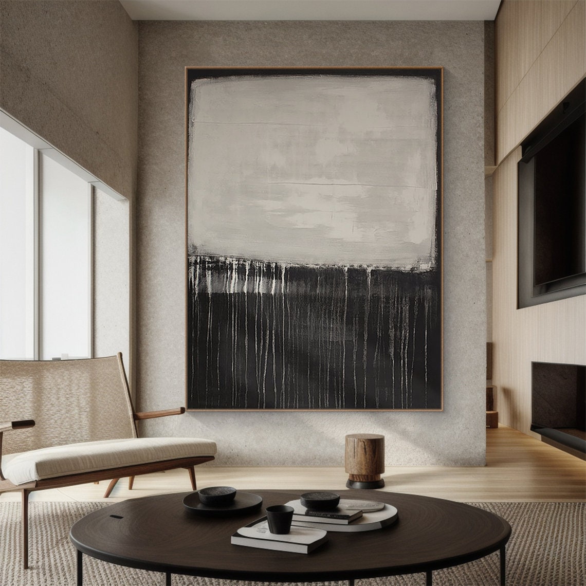 Beige and Black Abstract Oil Painting, Oversized Canvas Wall Art ...