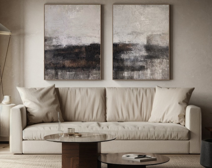 Large Beige Wabi-sabi Wall Art Beige Black Texture Painting Neutral Minimalist Wall Art Set of 2 ...