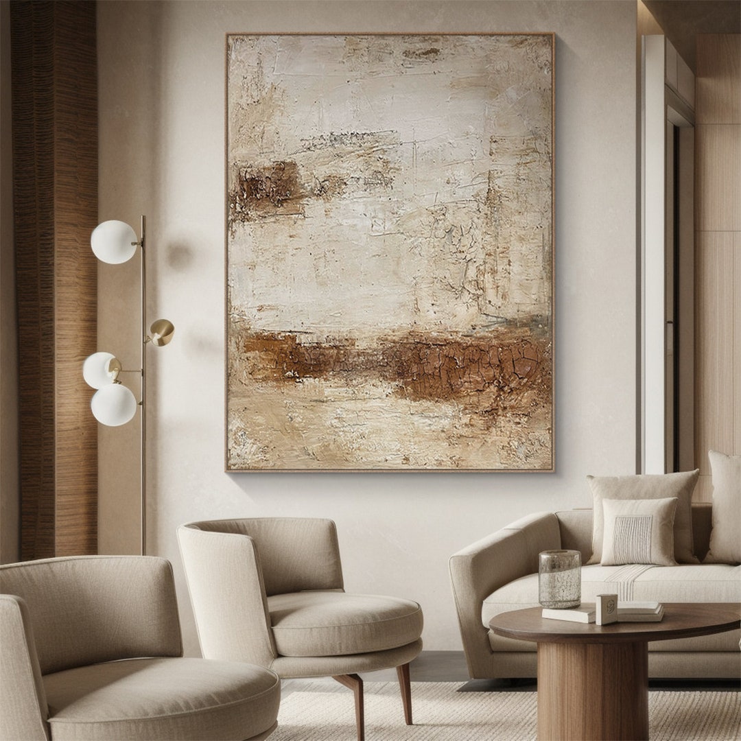Large Modern Abstract Canvas Painting – Neutral Acrylic Wall Art for ...
