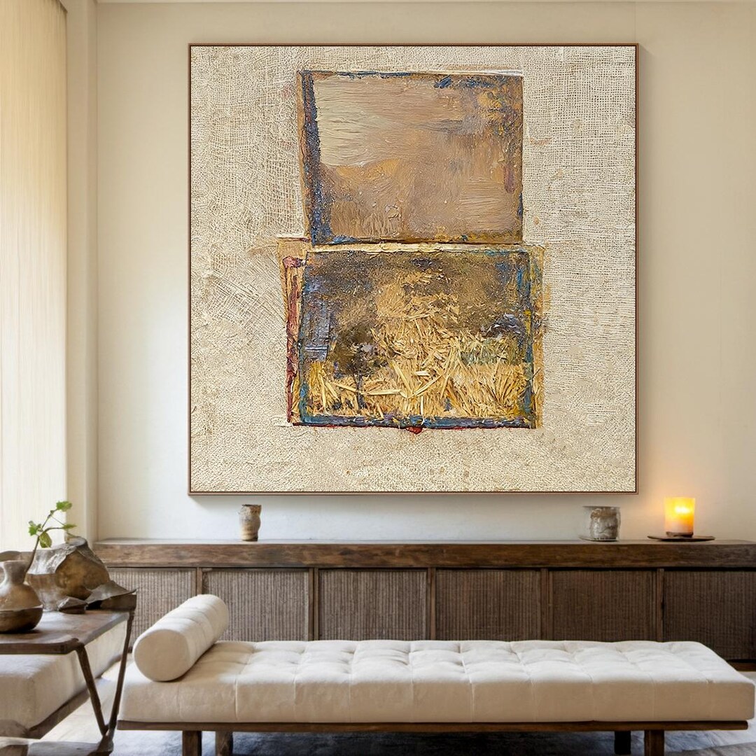Large Gold Plaster Wall Art, Beige Texture Wall Art, Wabi-sabi Wall Art ...