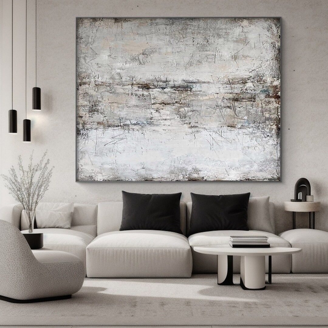 Original White Abstract Canvas Wall Art, Neutral Light Brown Wall Art ...