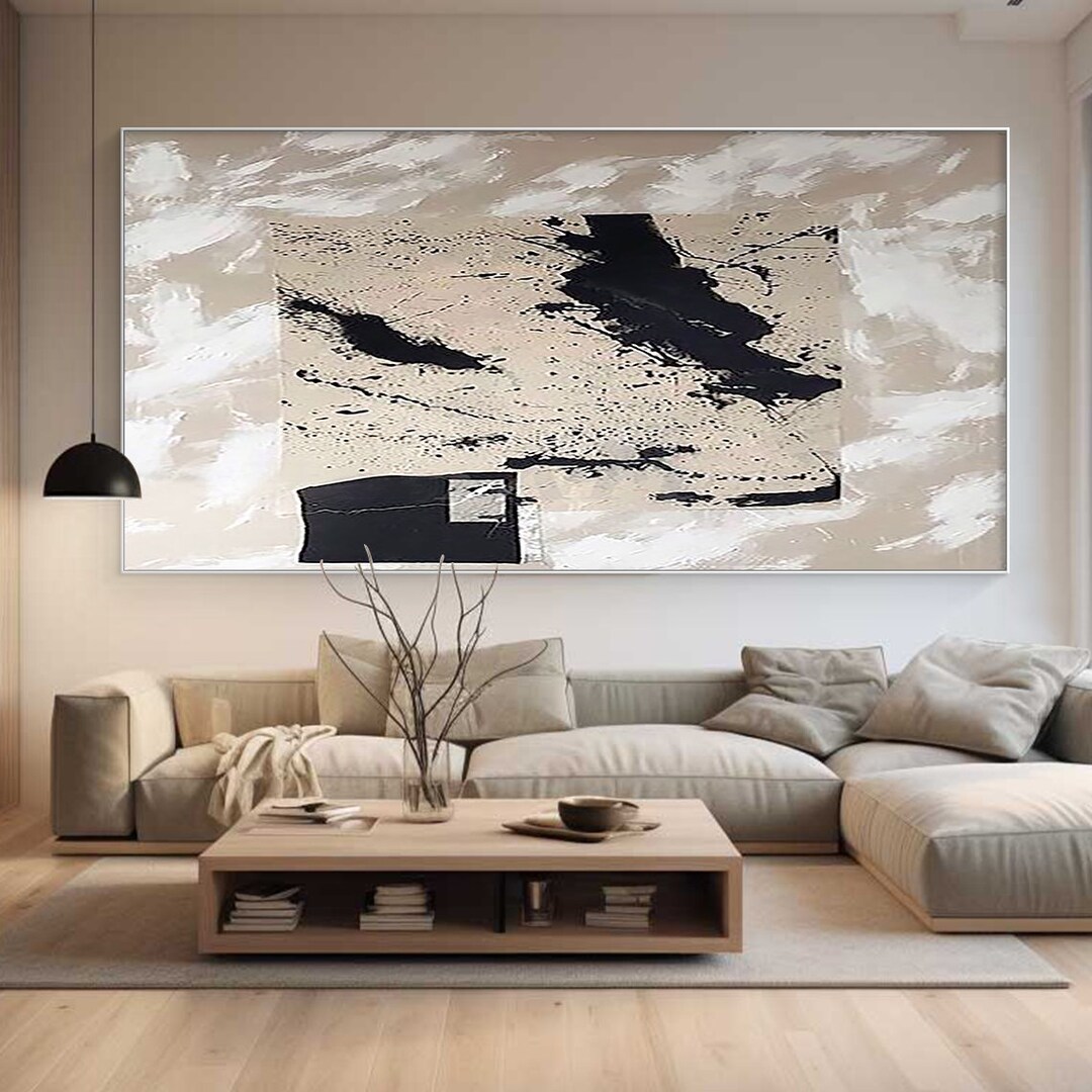 Large Beige Abstract Canvas Painting,beige Black Textured Canvas ...