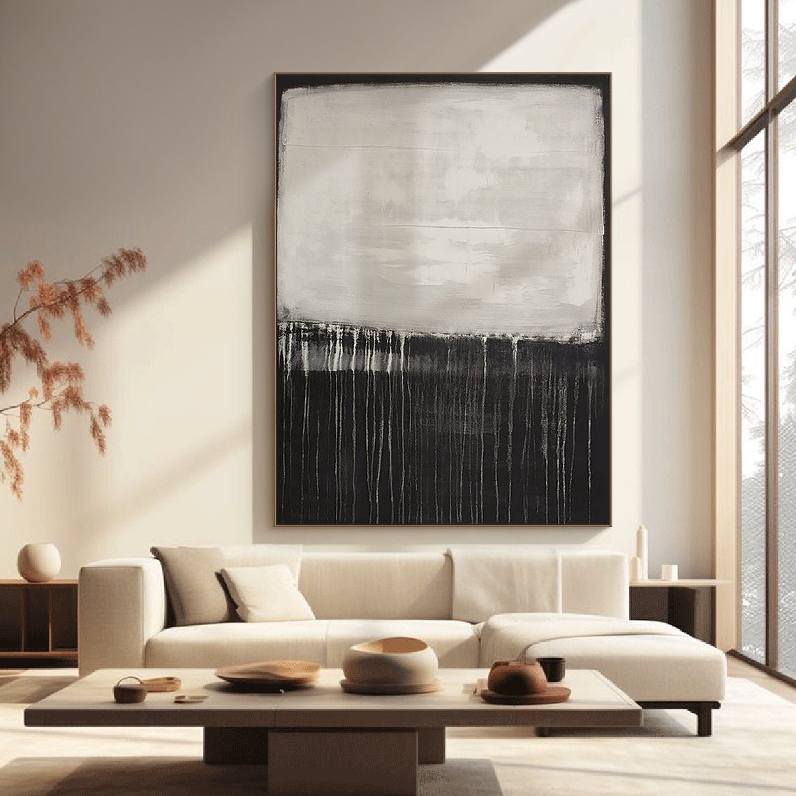 Beige and Black Abstract Oil Painting, Oversized Canvas Wall Art ...