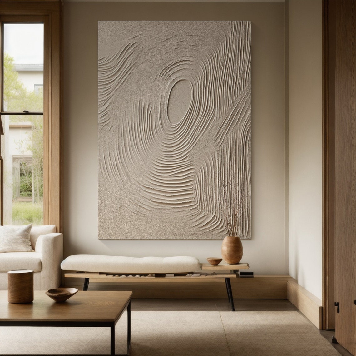 Pure Beige Round 3D Texture Painting, Beige Minimalist Wall Art, Milky White Plaster Painting ...