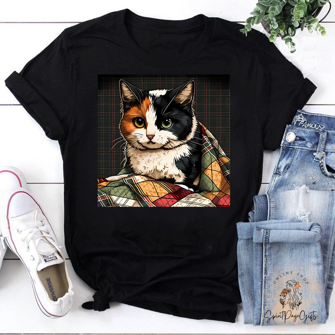 Calico Cat on A Quilt Unisex Vintage T-shirt, Cute Calico Cat Shirt ...