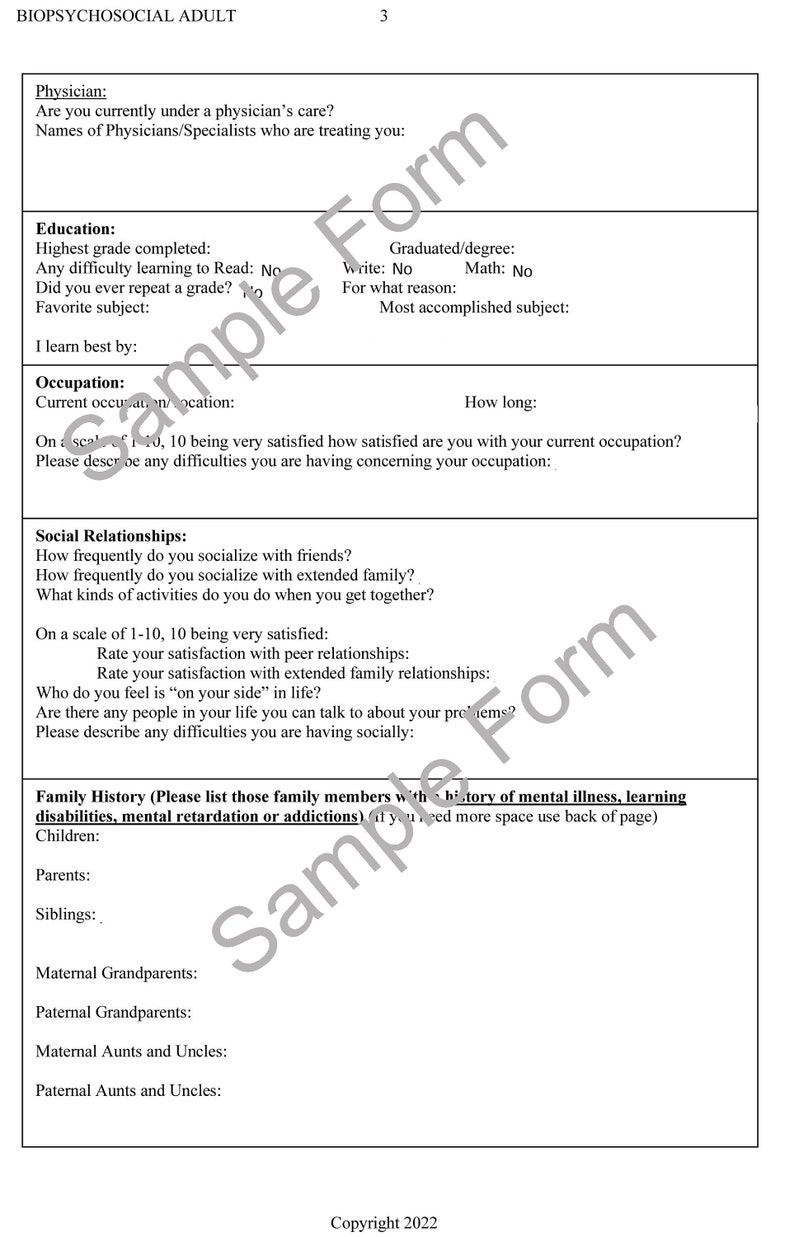Biopsychosocial Intake Form PDF Format Printable - Etsy India