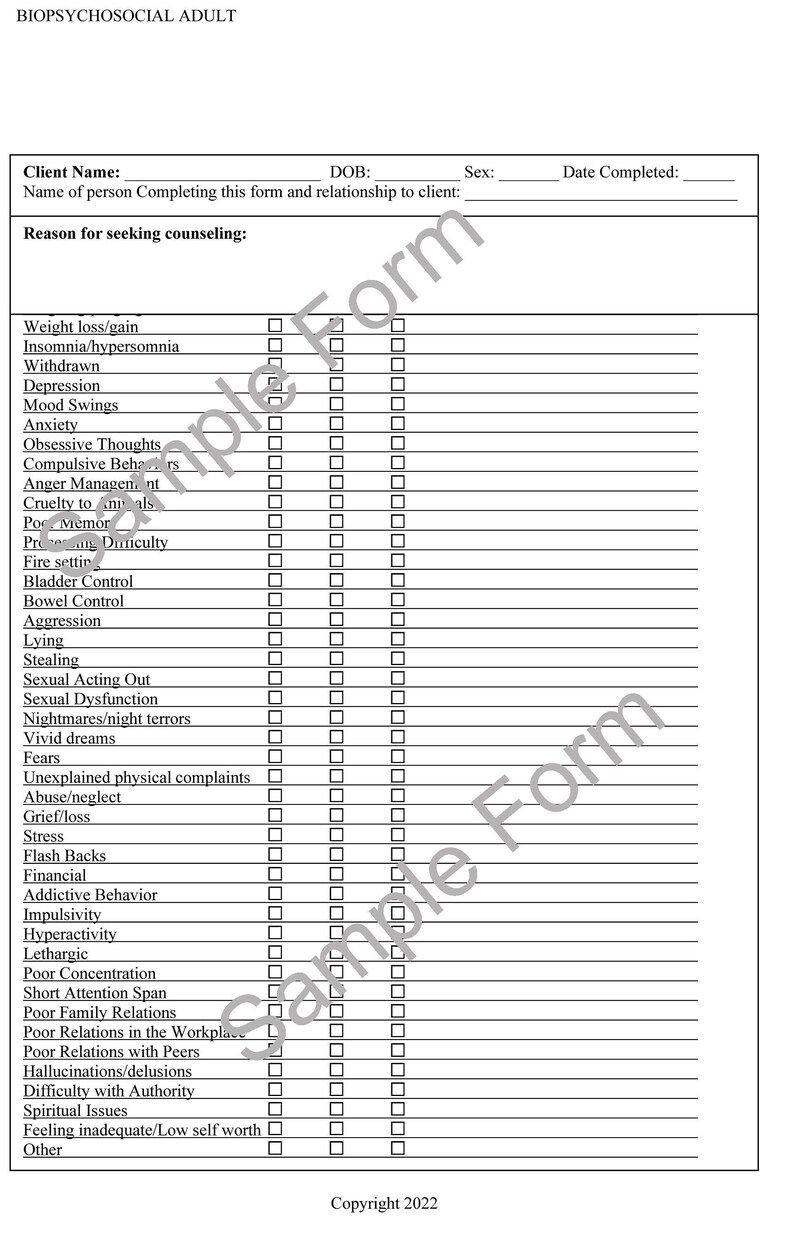 Biopsychosocial Intake Form PDF Format Printable - Etsy