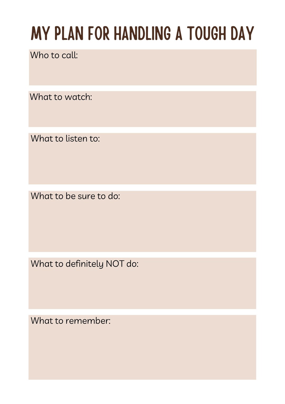 Plan for Handling a Tough Day Worksheet - Etsy