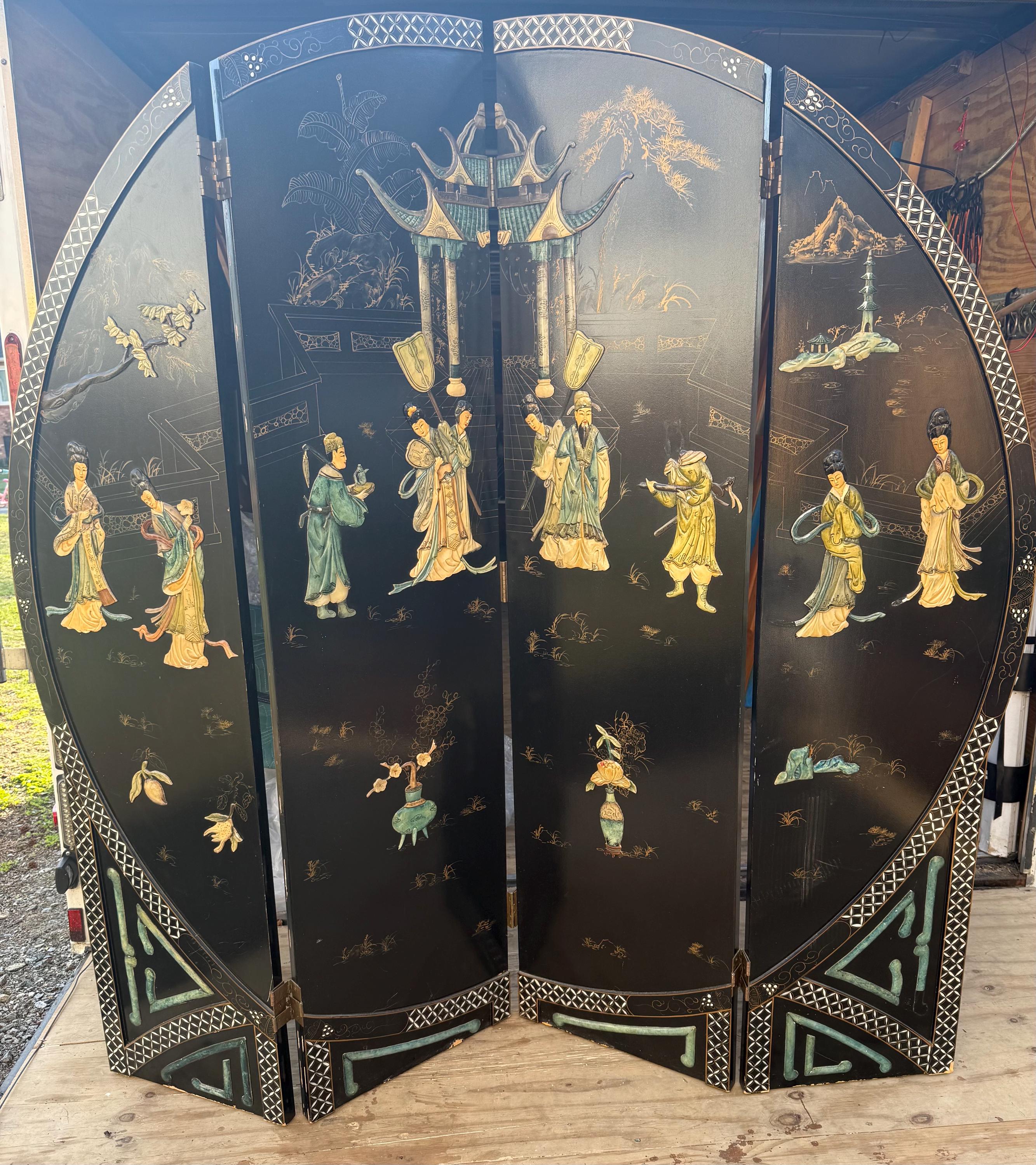 1940s Antique Asian 4 Panel Wooden Room Divider With Ceramic Figures ...
