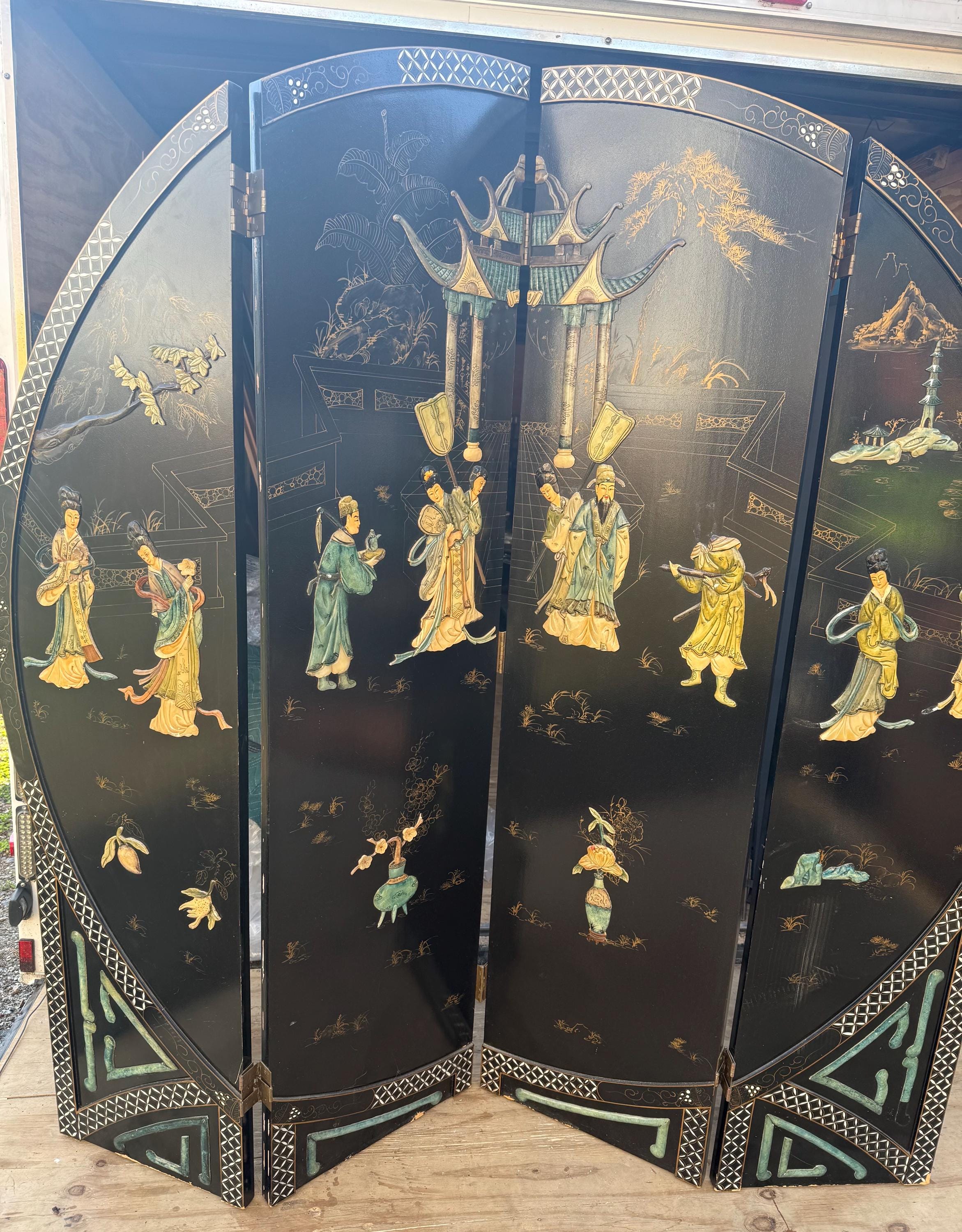 1940s Antique Asian 4 Panel Wooden Room Divider With Ceramic Figures ...